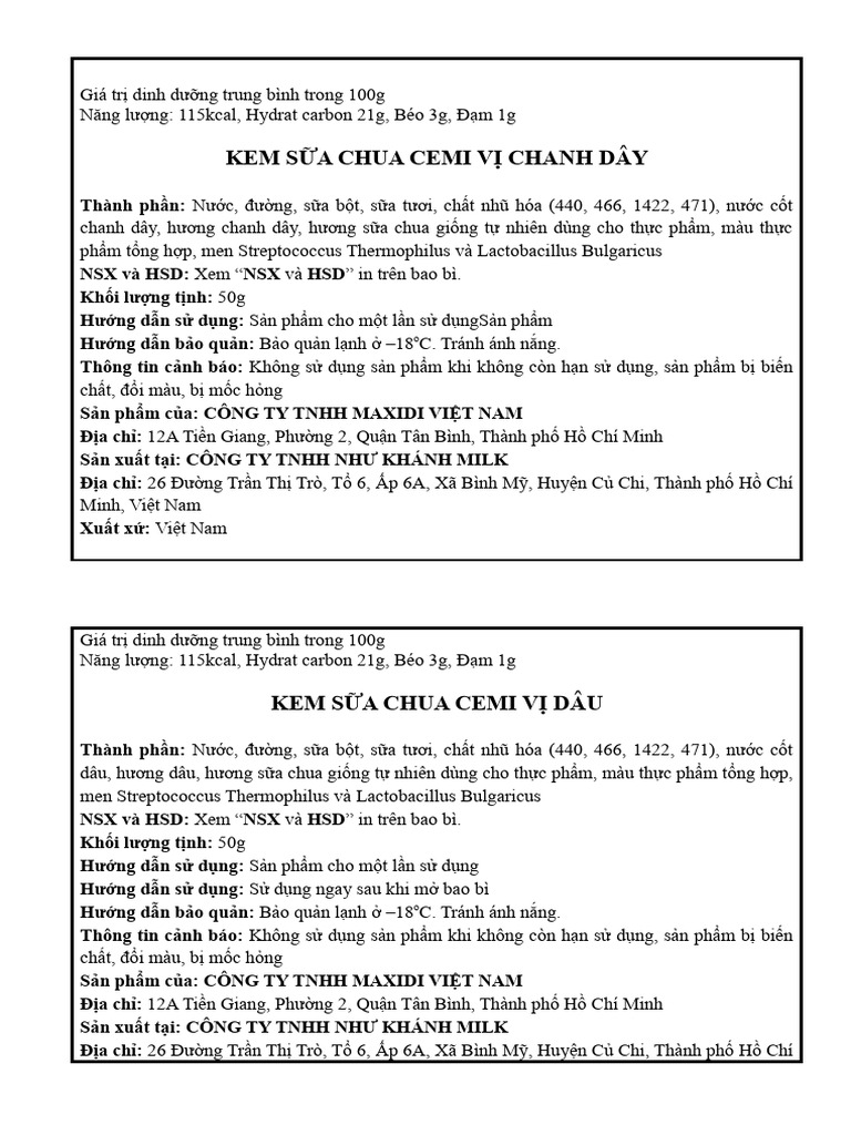 Thông Tin Nhãn Kem S A Chua 50g (CEMI) | PDF