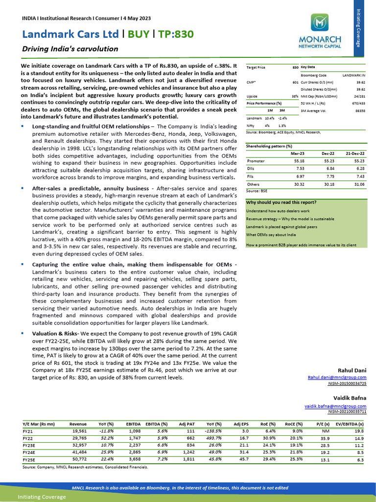 Monarch Network Capital Initiating Coverage On Landmark Cars With | PDF ...
