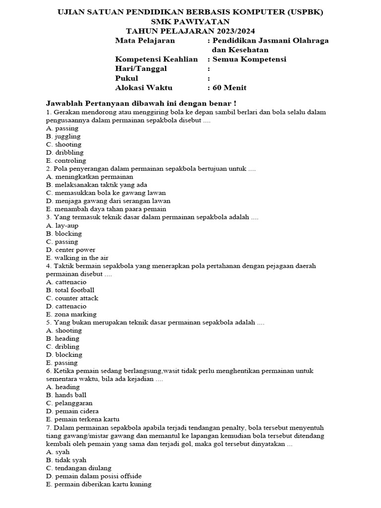 Soal Psaj Pjok Xii 2023-2024 | PDF