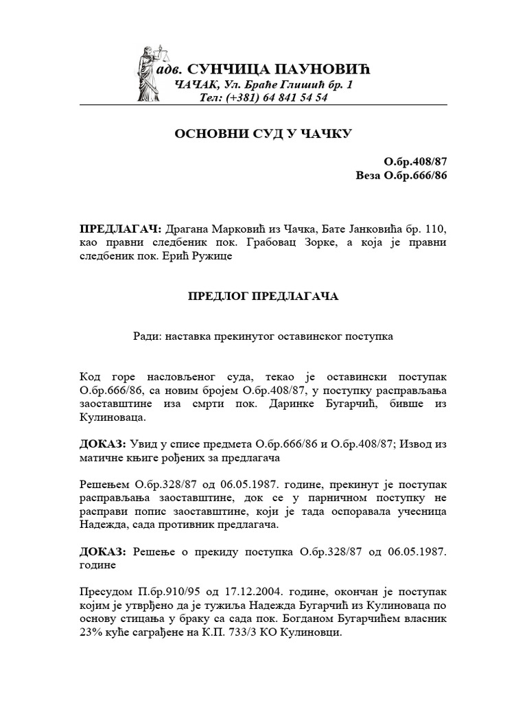 Predlog Za Nastavak Ostavinskog Postupka | PDF Predlog Za Nastavak Ostavinskog Postupka | PDF