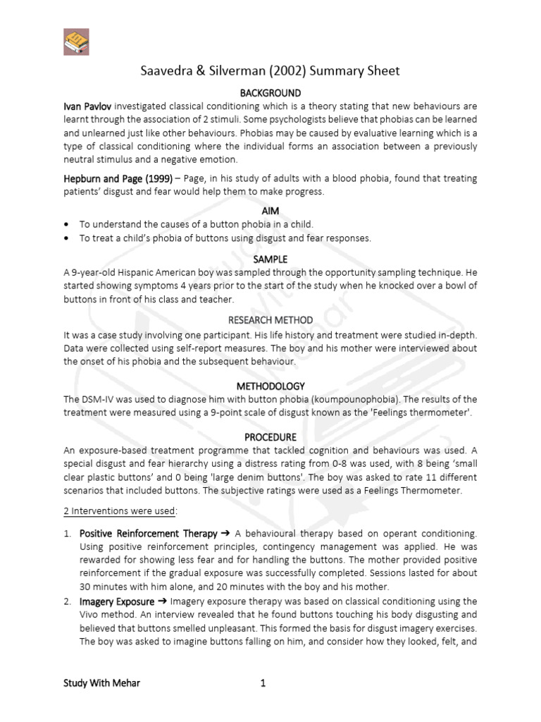 Saavedra & Silverman (2002) Summary Sheet - Study With Mehar | PDF