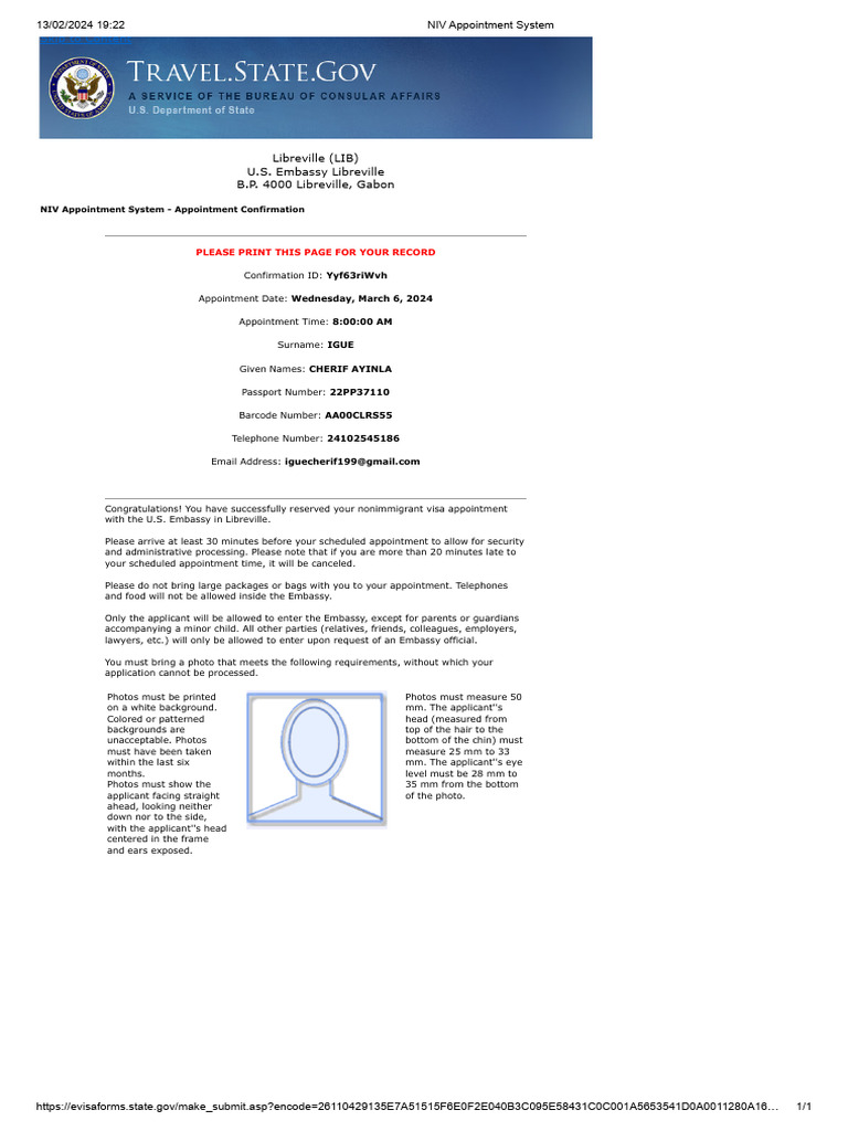 NIV Appointment Confirmation - Libreville | PDF | Government And ...