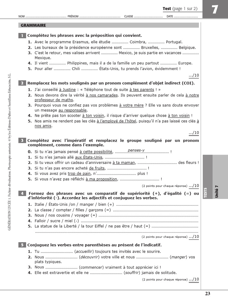 Évaluation Unité 7 - Grammaire | PDF | Complément d'objet | Mécanique ...