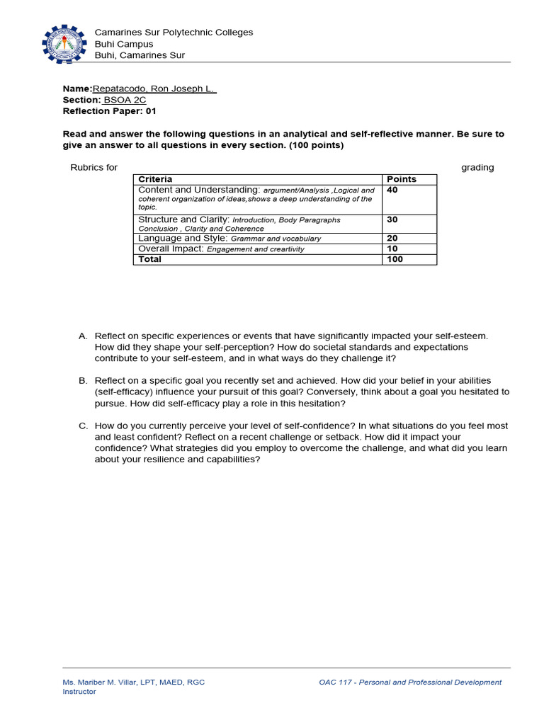 Self-Esteem and Self-Efficacy Reflection | PDF | Self Efficacy | Self ...