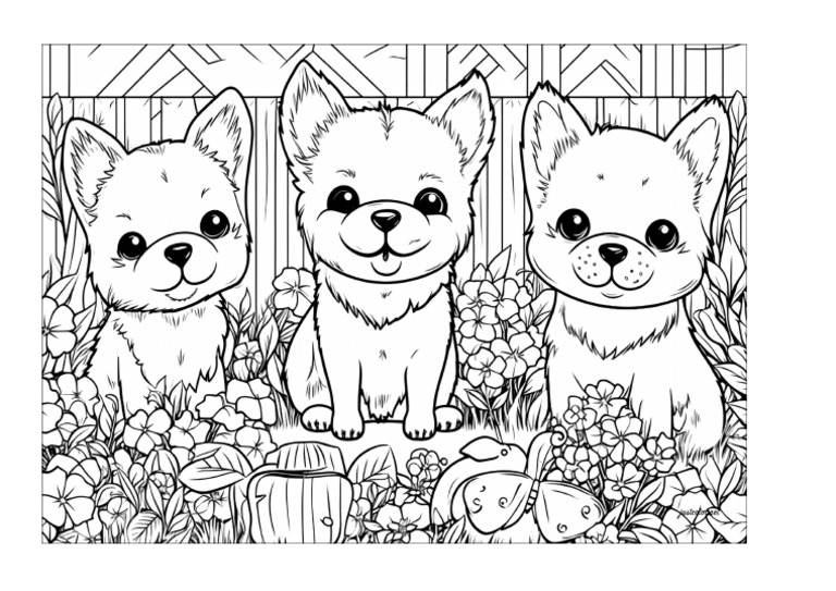 coloring-three-little-dogs-and-flowers | PDF