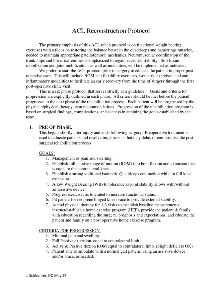Acl Reconstruction Protocol | PDF | Balance (Ability) | Knee