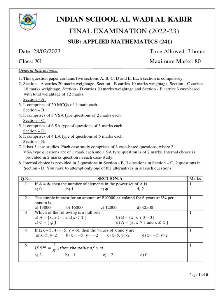 7610739-Class 11 - Applied - MATH - 241 - Final - 22-23 | PDF | Mathematics