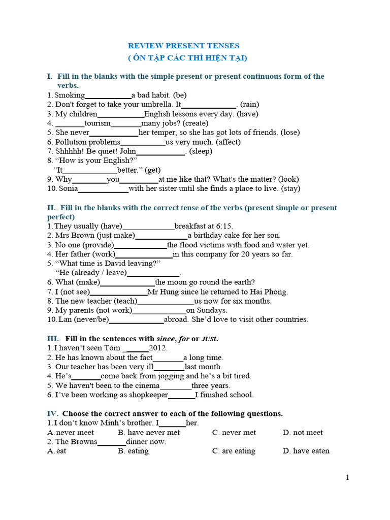 Present Tense Review Exercises | PDF