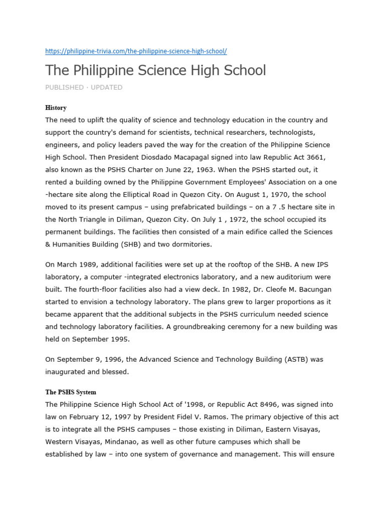 Philippine Science High School | PDF | Science | Philippines