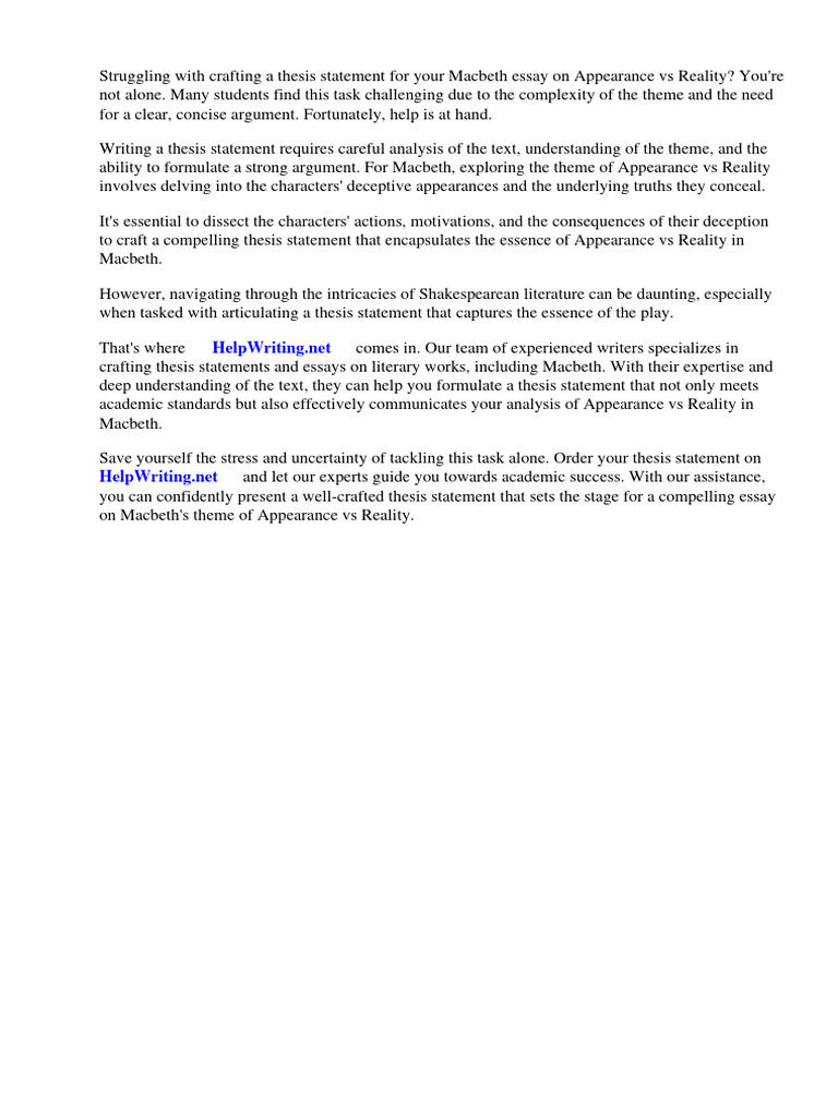 Thesis Statement For Macbeth Appearance Vs Reality | PDF | Macbeth