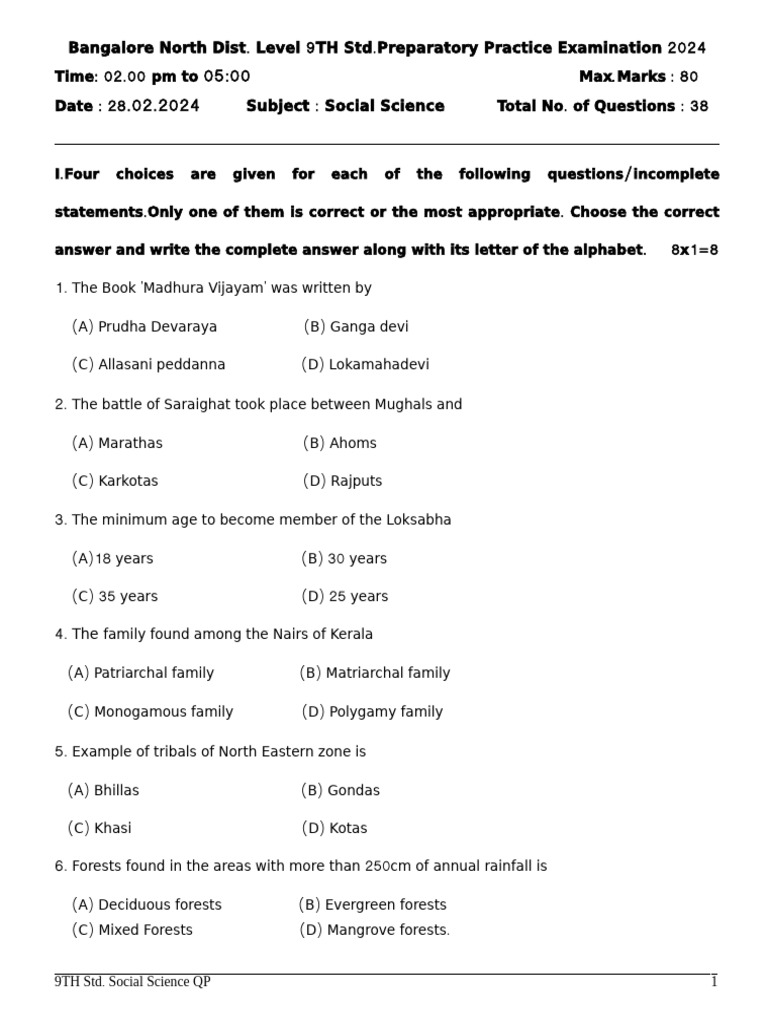 9th SS QP DDPI N FEB 2023-24 EM Final | PDF