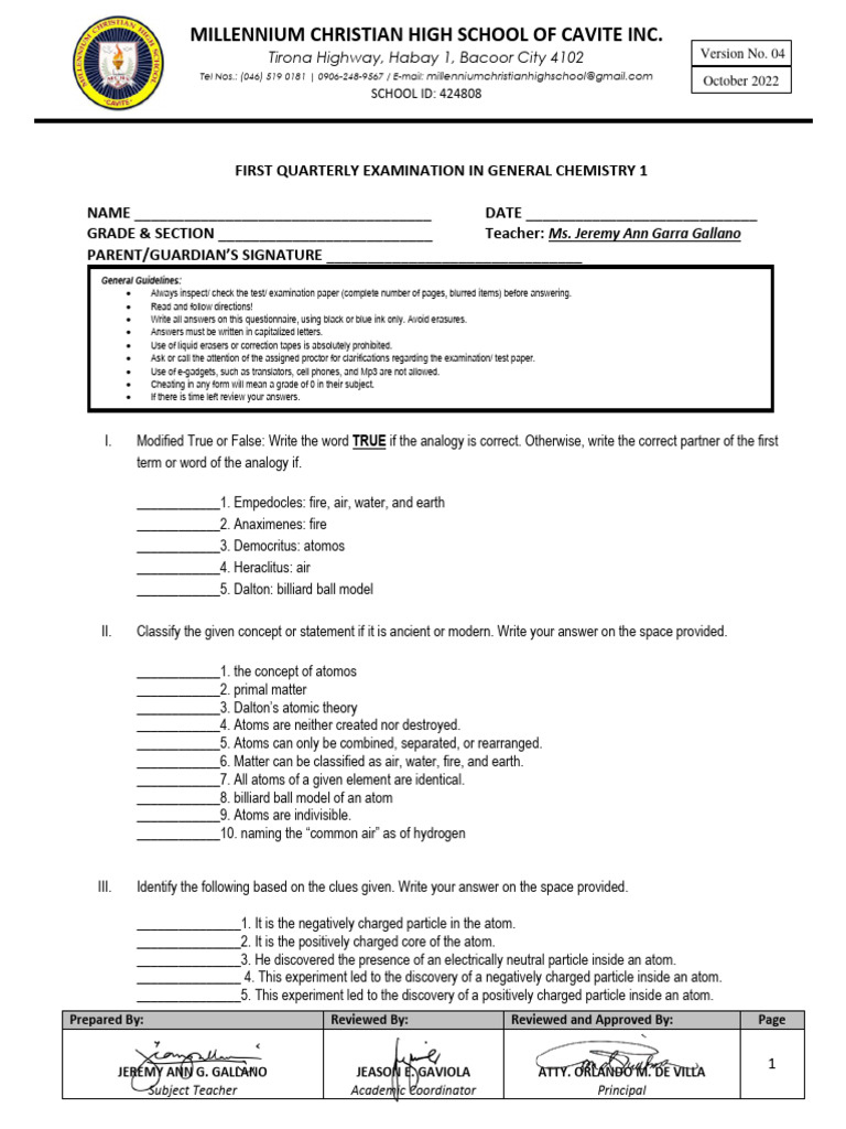 General Chemistry Exam - Q1 2022 | PDF | Atoms | Electric Charge