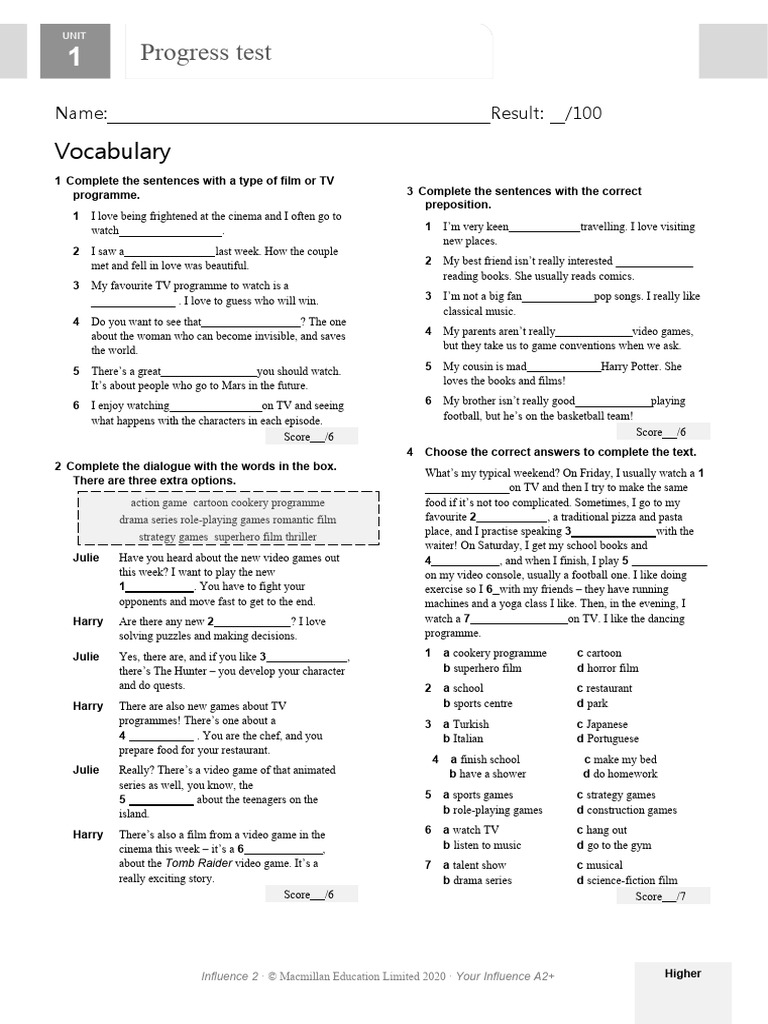 L2 A2PLUS U1 Test Higher | PDF | Video Games | Adolescence