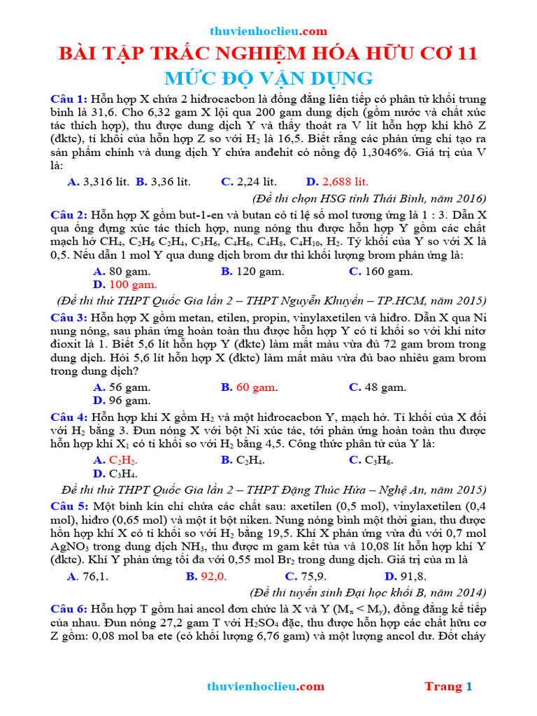 Trac Nghiem Hoa Huu Co 11 Muc Van Dung | PDF