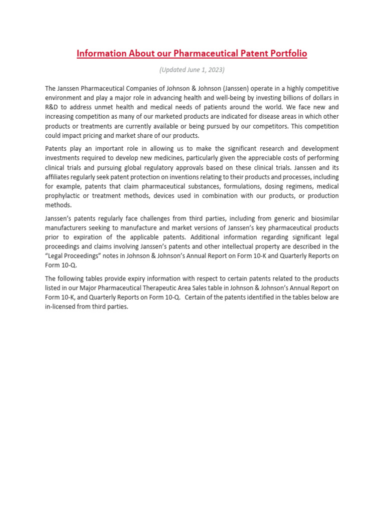 Us Patent Expiry Tables | PDF | Johnson & Johnson | Patent