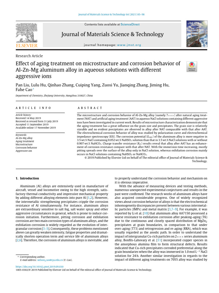 Journal of Materials Science & Technology | PDF | Corrosion | Aluminium