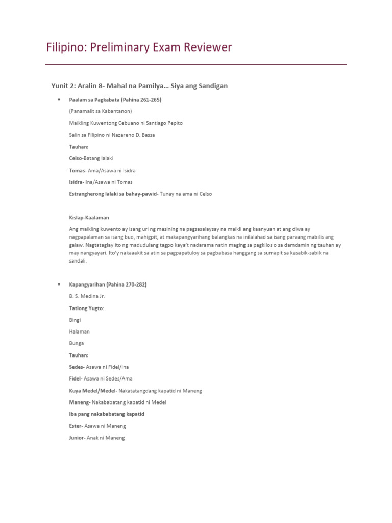 Filipino Preliminary Exam Reviewer | PDF