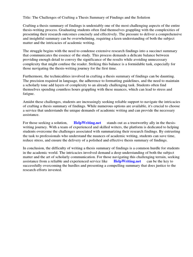 Thesis Summary of Findings Sample | PDF | Thesis | Statistics