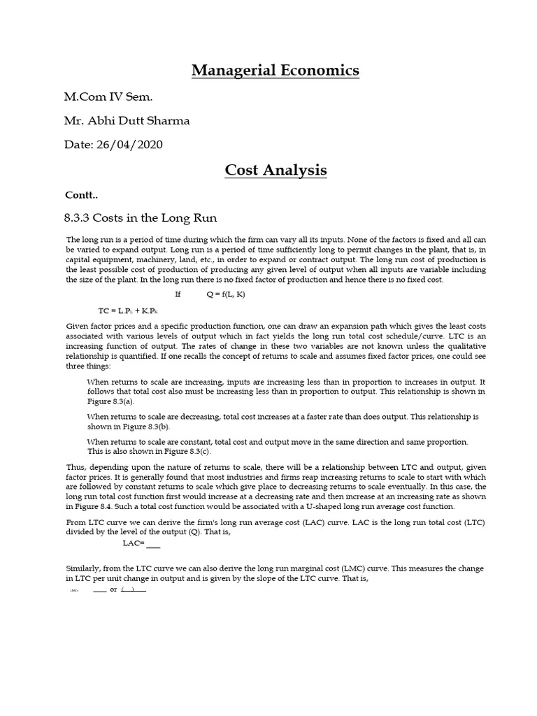 Managerial Economics (M.com IVth Sem.) - M COM IV 26-4 | PDF | Average Cost | Marginal Cost