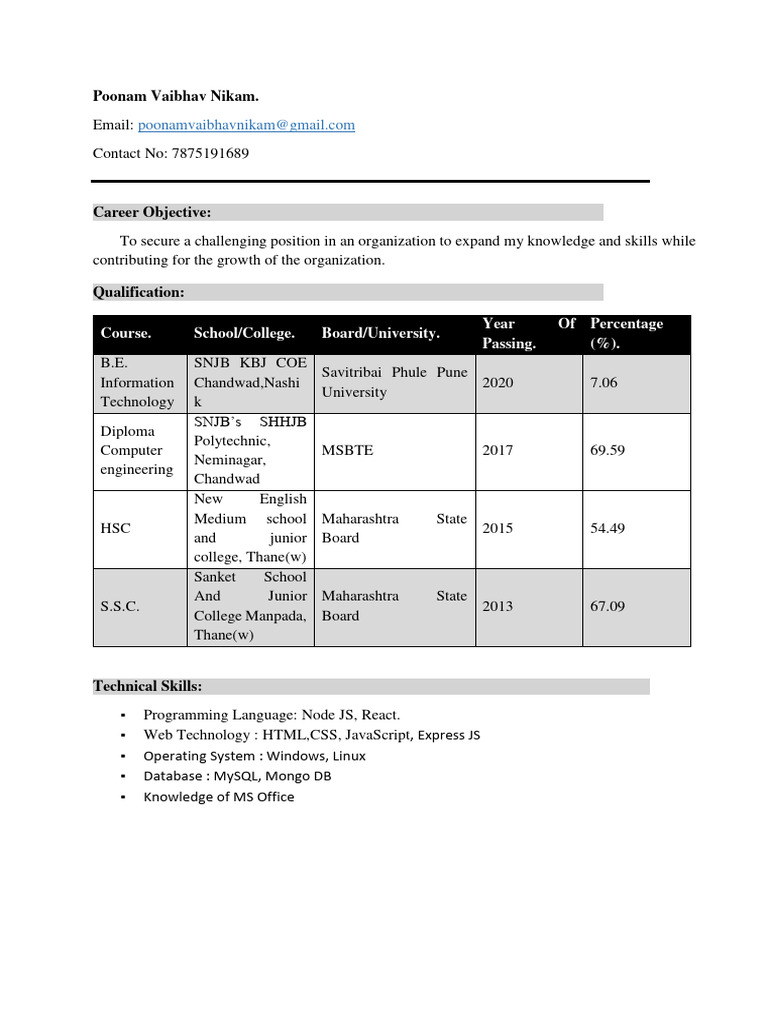Poonam Fresher Resume 10-01-2024 | PDF | Computing | Software