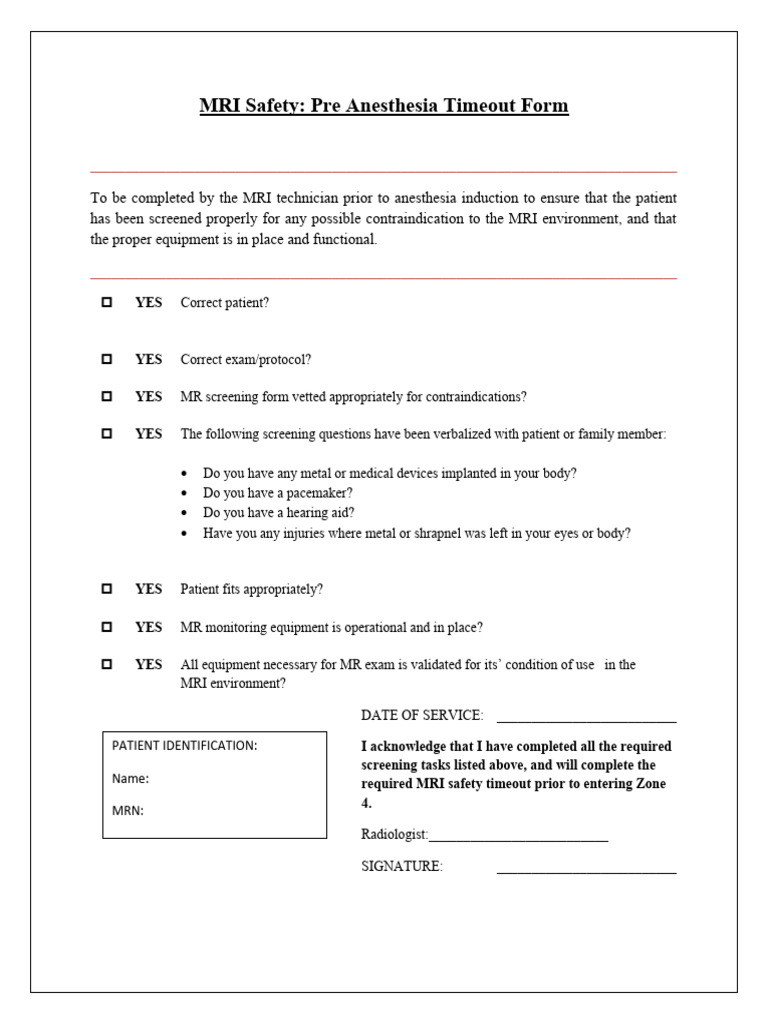 29 MRI - Pre-Anesthesia - Checklist | PDF
