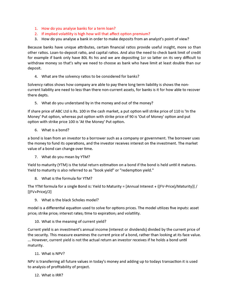 Final Inteview Questions | PDF | Financial Risk | Yield (Finance)