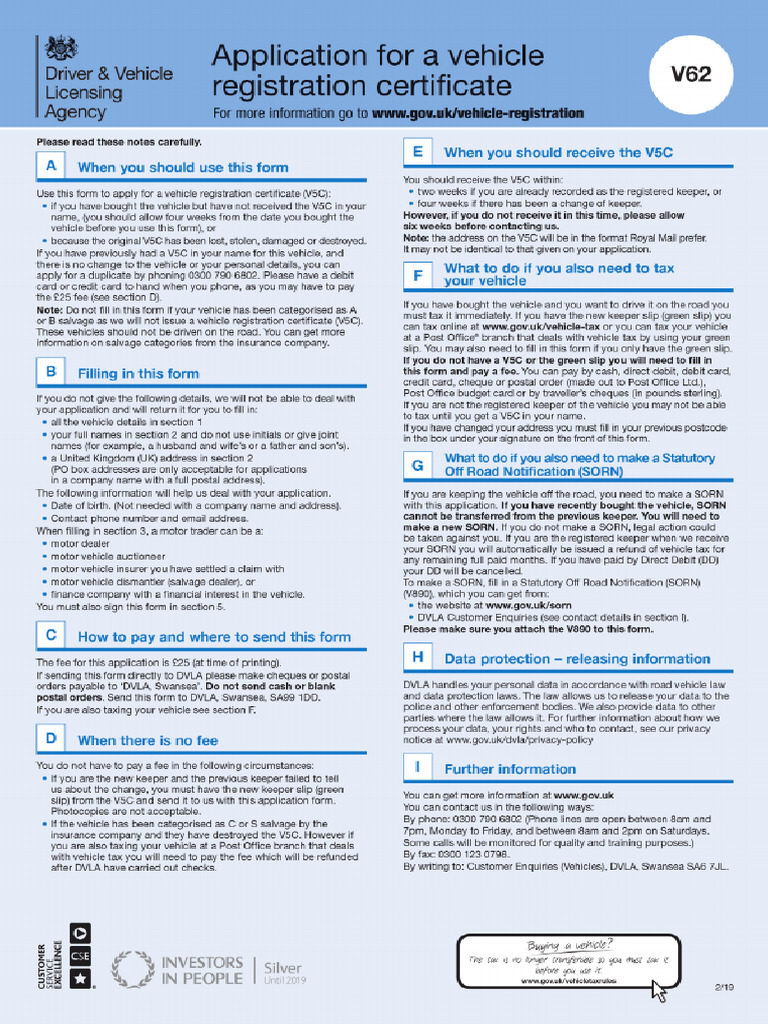 DVLA Form V62 Application For A Vehicle Registration Certificate 219 | PDF | Business | Computers
