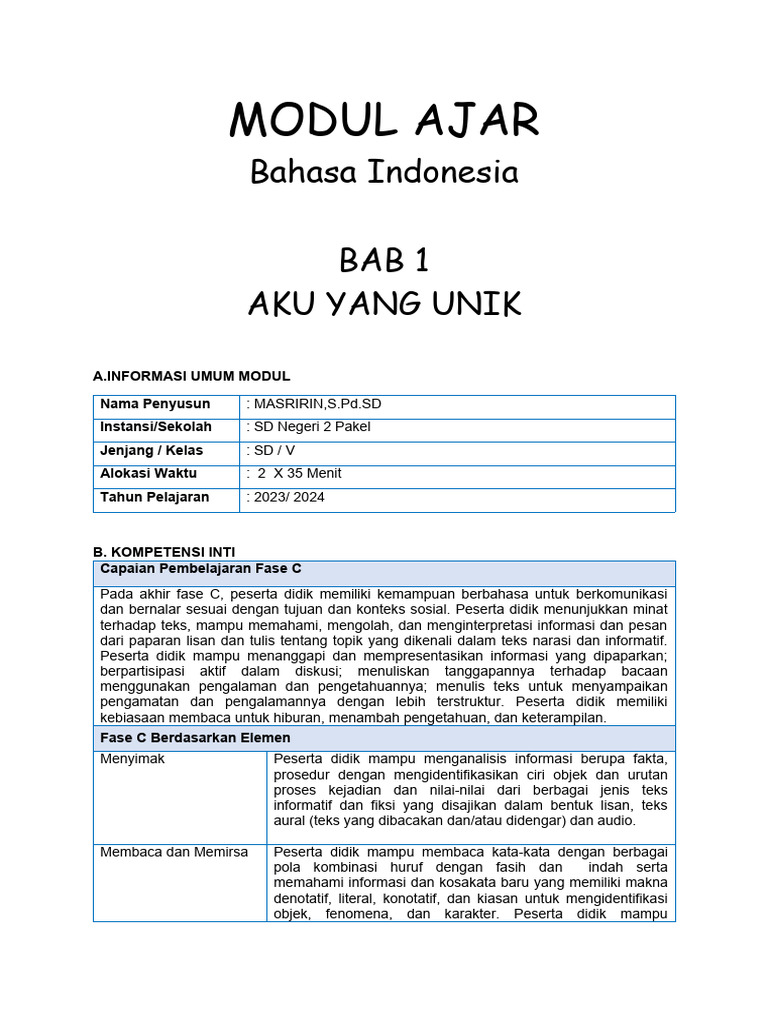 Modul Ajar Bahasa Indonesia Kelas V | PDF