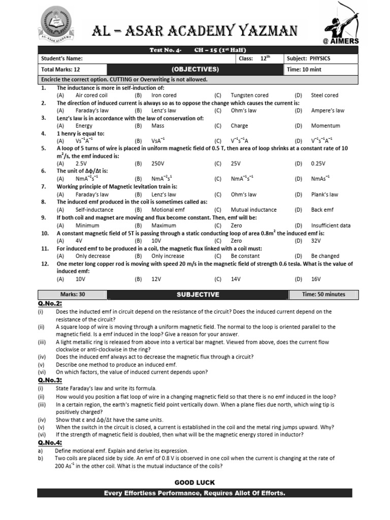 12th Grade Physics Induction Test | PDF | Inductor | Electromagnetic ...
