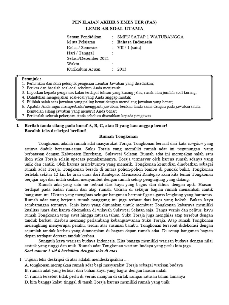 Soal PAS Bahasa Indonesia Kelas VII | PDF | Seni & Disiplin Bahasa