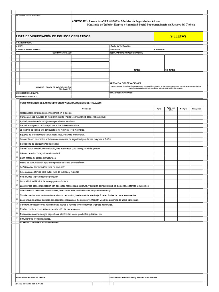 Chec List - Resolucion SRT 61-2023 Medidas de Seguridad en Alturas ...