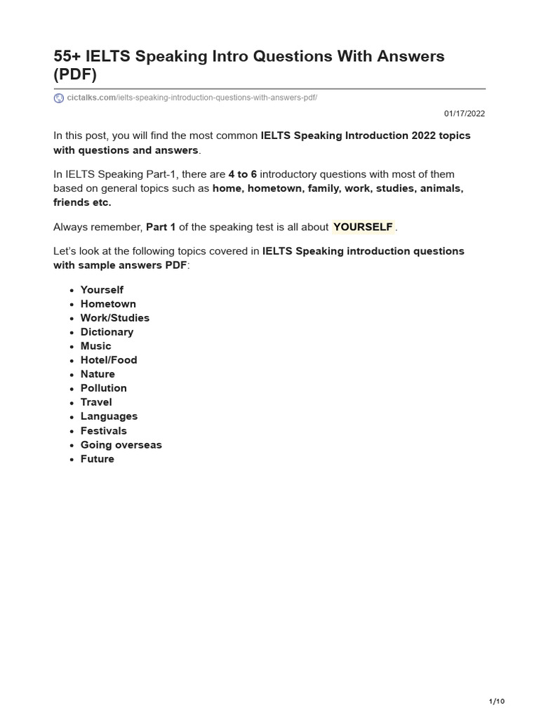 55-IELTS-Speaking-Intro-Questions-With-Answers-PDF | PDF | Dictionary ...