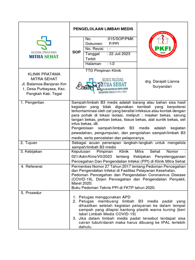 MS - SOP Pengelolaan Limbah Medis | PDF