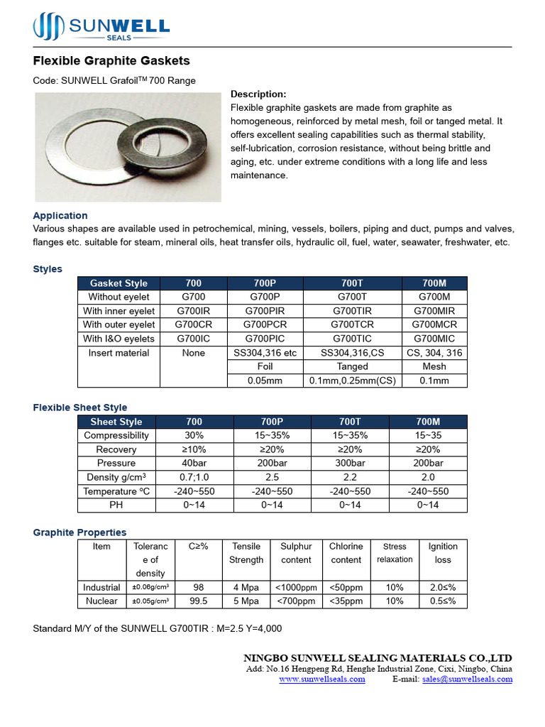 Flexible Graphite Gaskets - SUNWELL 7001575375993 | PDF | Physical Sciences | Mechanical Engineering
