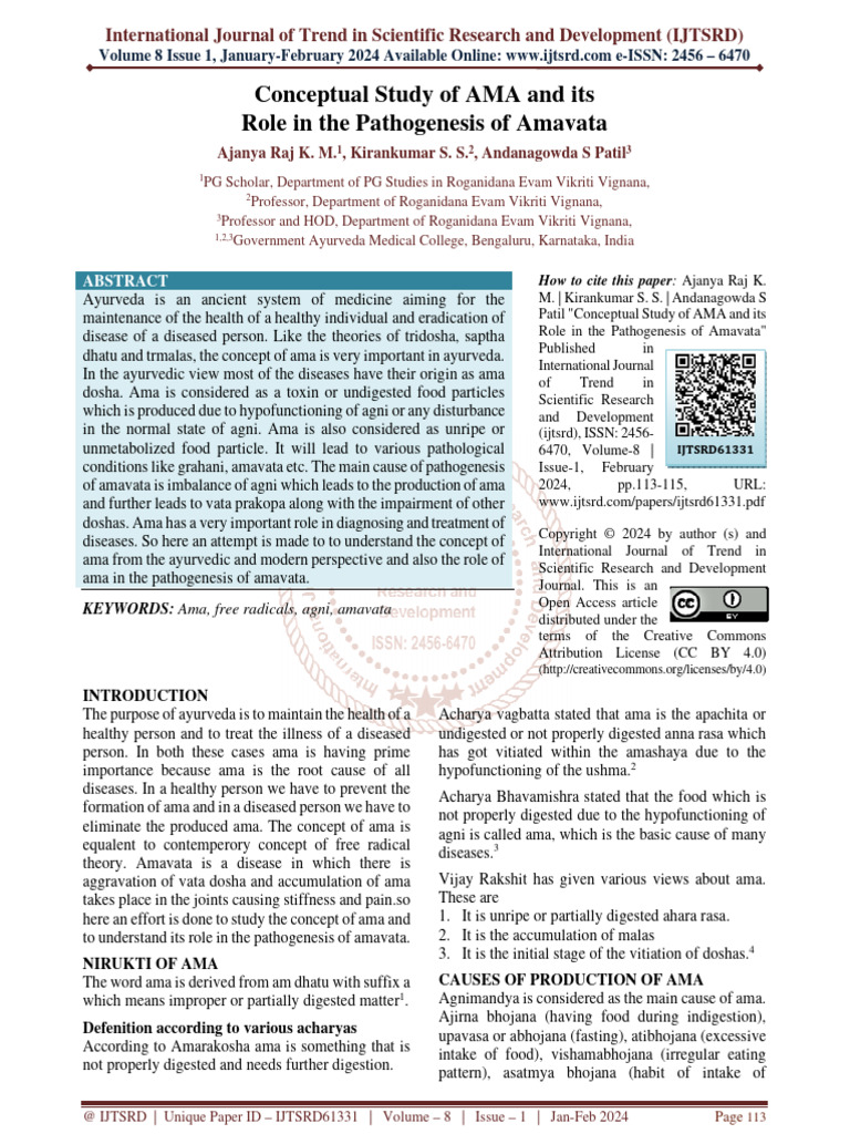 Conceptual Study of AMA and Its Role in The Pathogenesis of Amavata | PDF | Ayurveda | Medicine