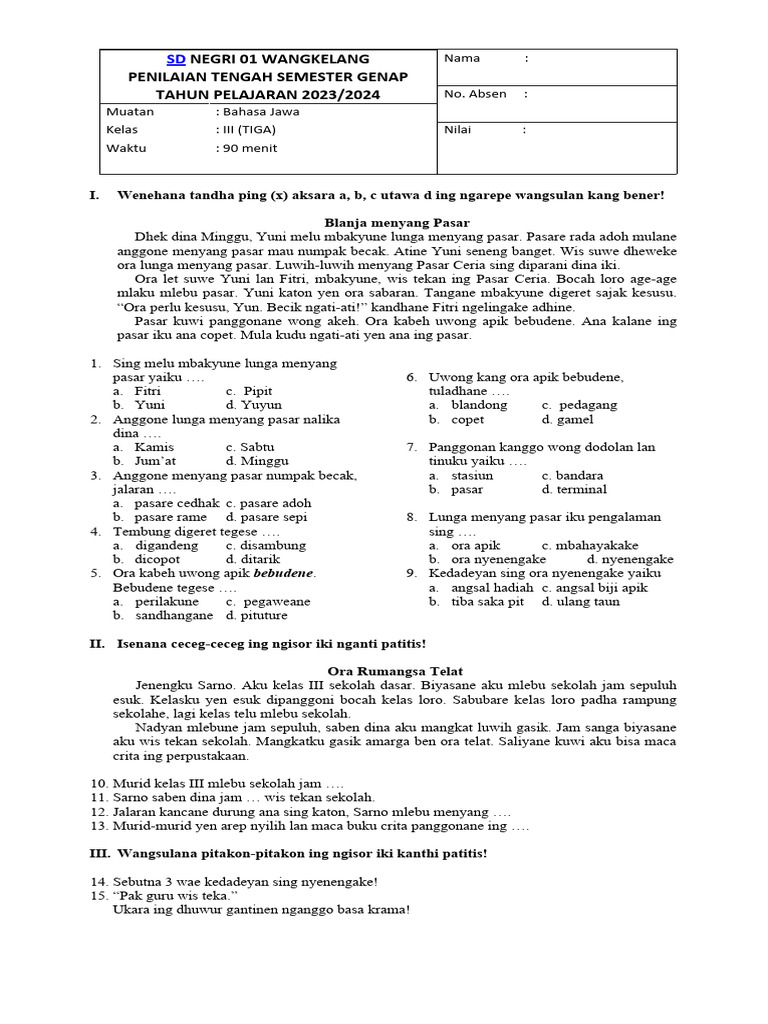 Soal PTS Semester 2 Bahasa Jawa Kelas 3 SD | PDF | Fiksi Umum