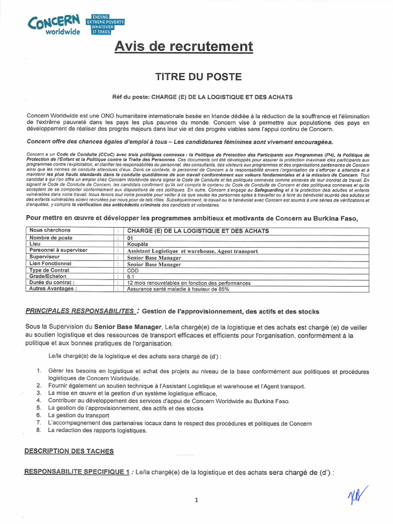 Avis de Recrutement Chargé (E) de La Logistque & Des Achats | PDF