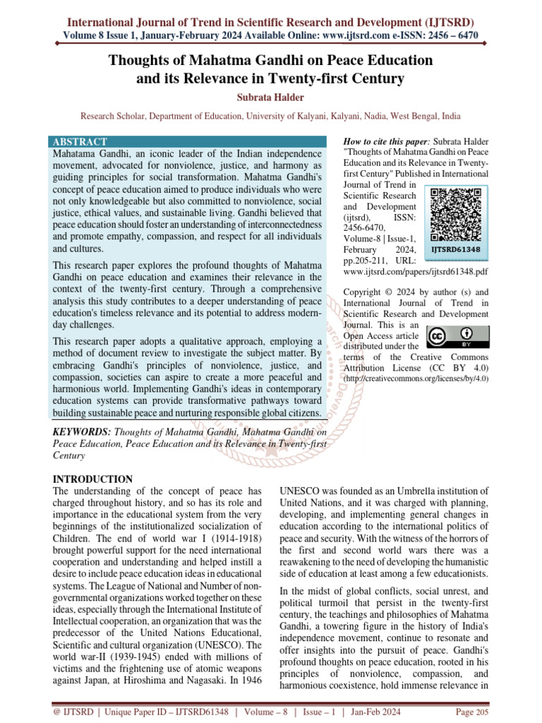 Thoughts of Mahatma Gandhi on Peace Education and its Relevance in ...