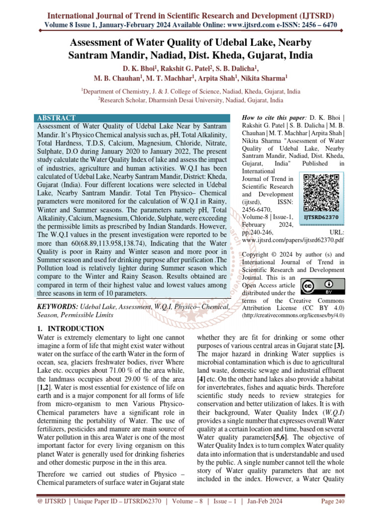 Assessment of Water Quality of Udebal Lake, Nearby Santram Mandir, Nadiad, Dist. Kheda, Gujarat ...