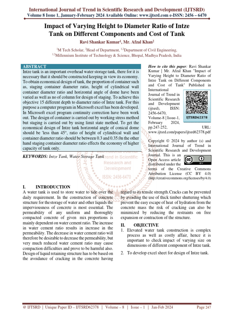 Impact of Varying Height to Diameter Ratio of Intze Tank on Different Components and Cost of ...