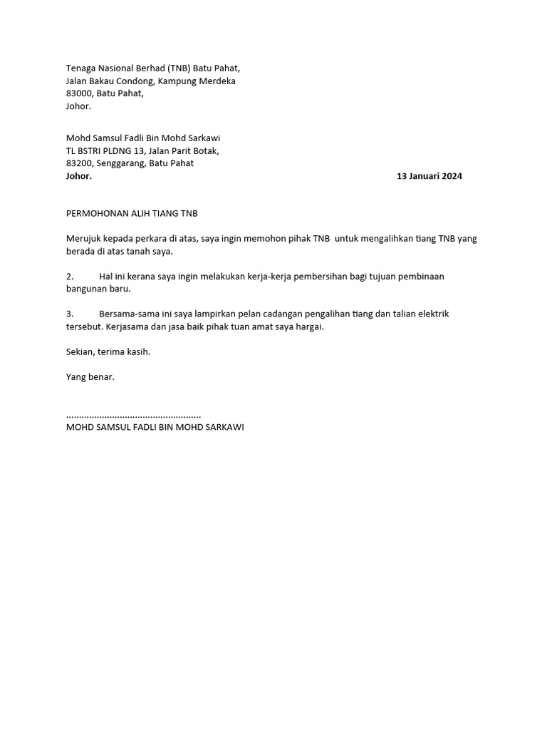 Surat Alih Tiang TNB | PDF