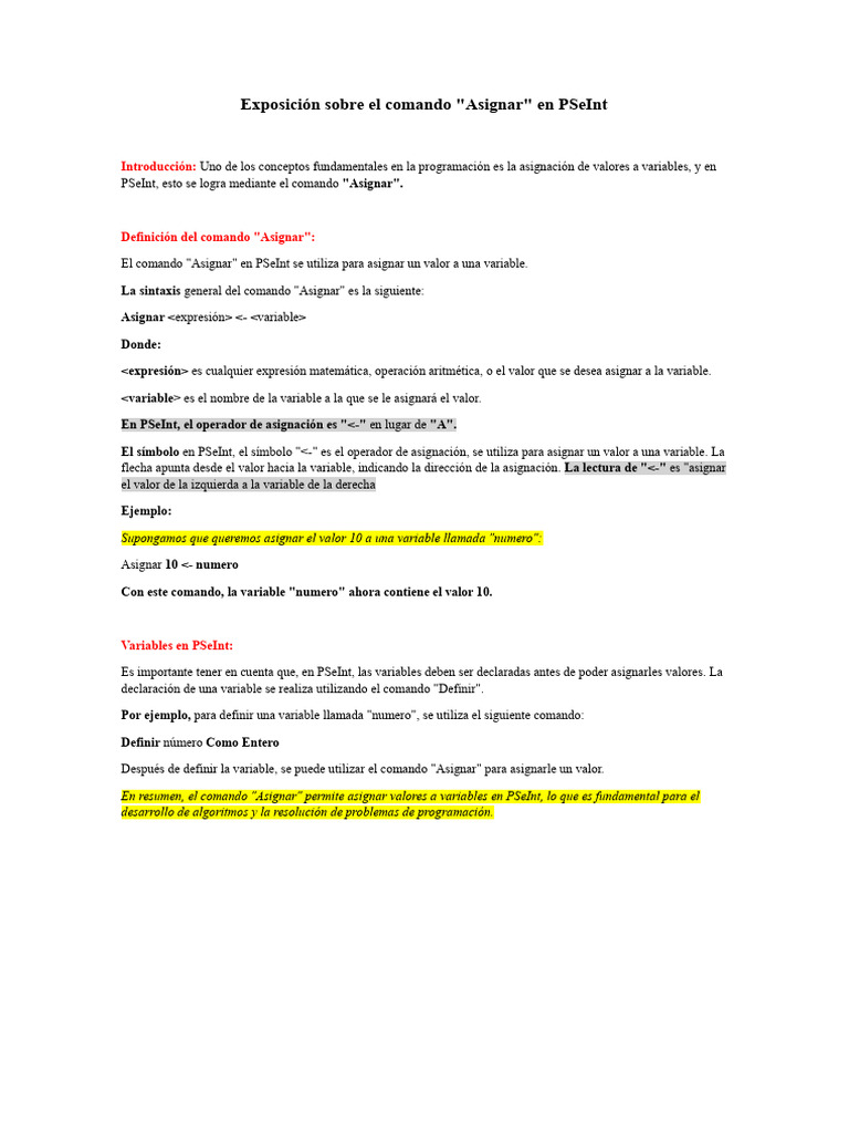 Exposición Sobre El Comando Asignar en PSeInt | PDF | Variable ... Exposición Sobre El Comando Asignar en PSeInt | PDF | Variable ...