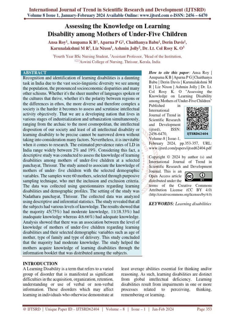 Assessing the Knowledge on Learning Disability among Mothers of Under Five Children | PDF ...