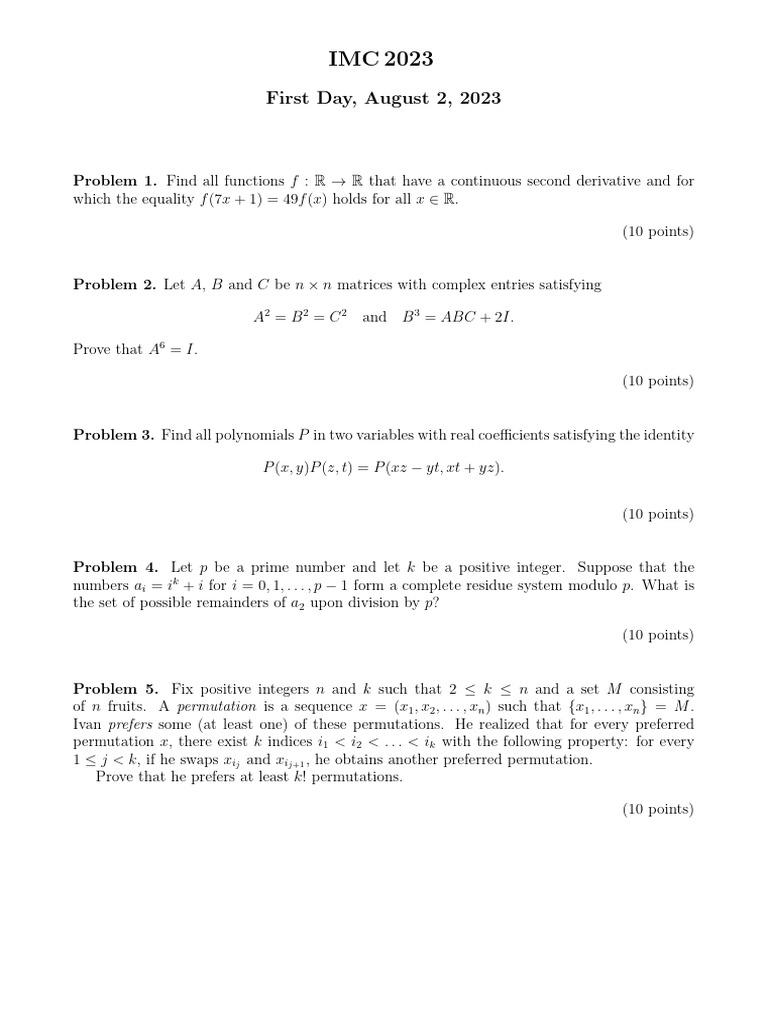IMC 2023: Advanced Math Problems | PDF | Teaching Methods & Materials