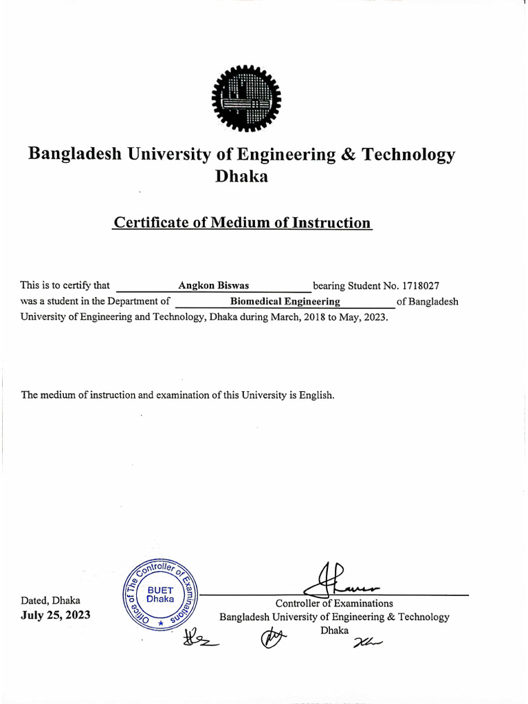 Certificate of Medium of Instruction | PDF