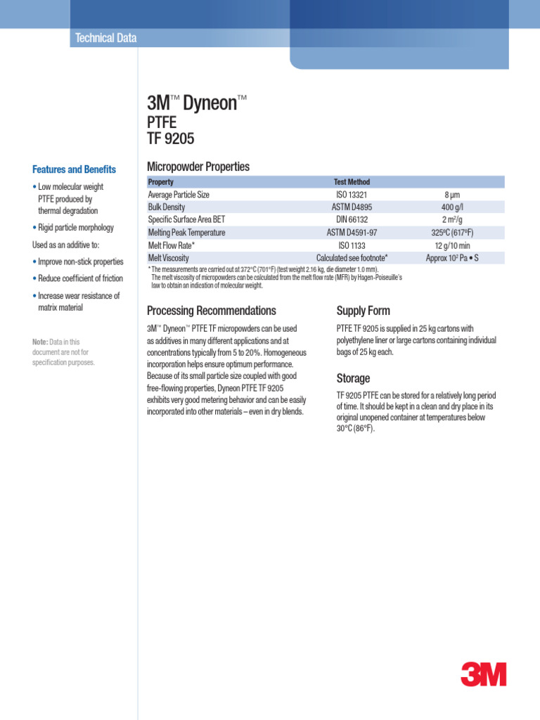 3m Dyneon Ptfe TF 9205 | PDF | Viscosity | Implied Warranty