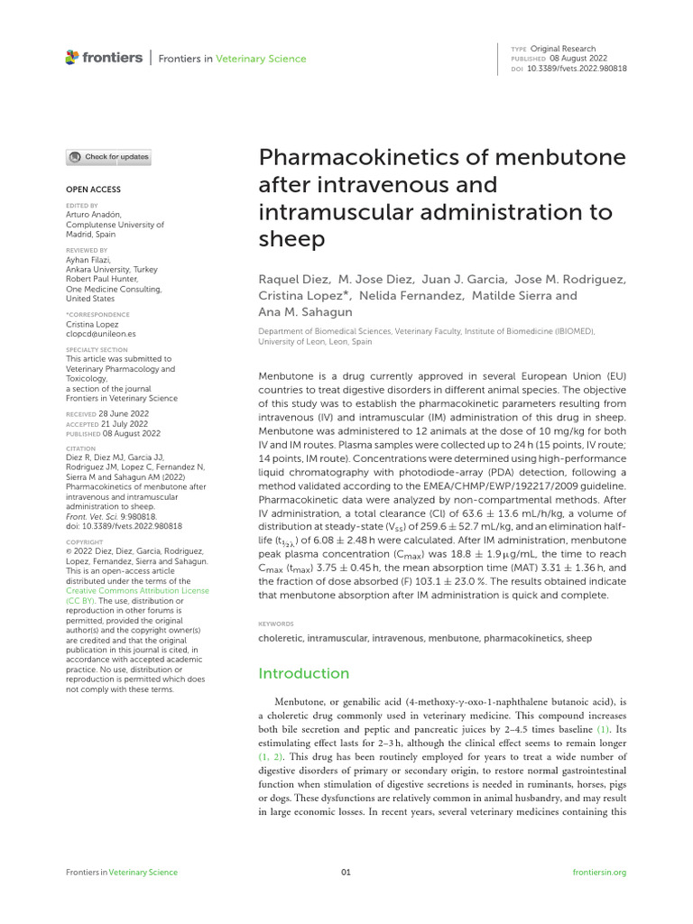 Pharmacokinetics of Menbutone After Intravenous and Intramuscular ...