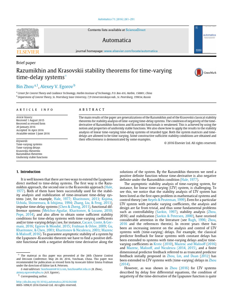 Razumikhin and Krasovskii Stability Theorems For Time-Varying Time-Delay Systems | PDF ...