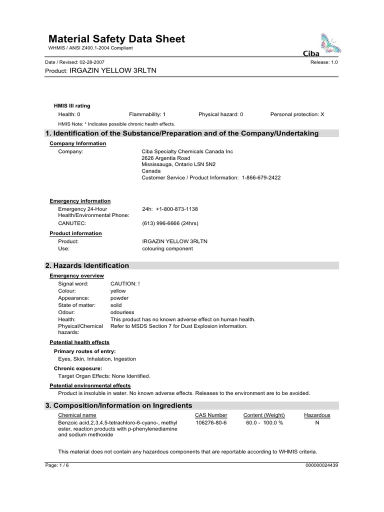 IRGAZIN YELLOW 3RLTN Safety Data Sheet | PDF | Firefighting | Toxicity