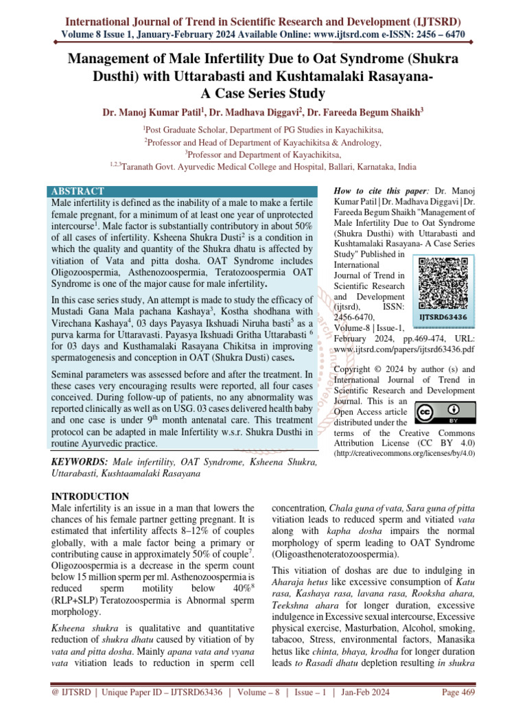 Management of Male Infertility Due To Oat Syndrome Shukra Dusthi With ...